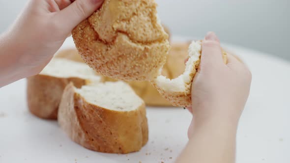 Closeup Female Hands Tearing Bread in Slow Motion, Stock Footage ...