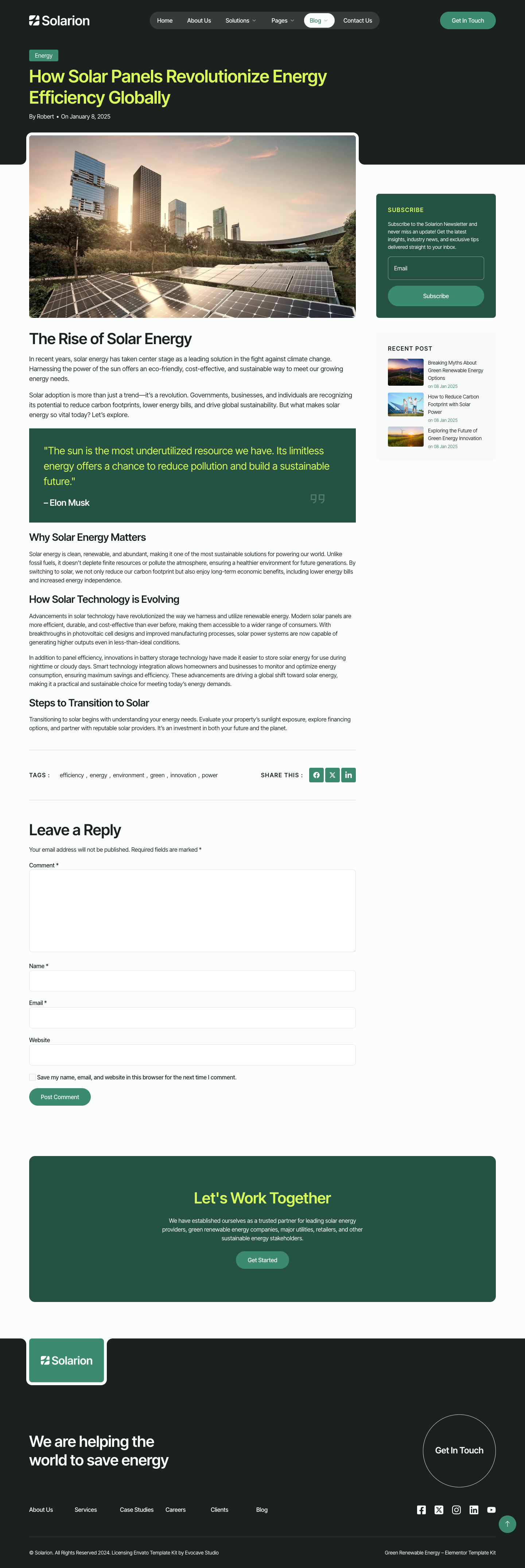 Solarion - Solar & Green Renewable Energy Elementor Template Kit by evocave