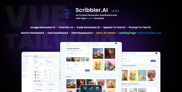 Scribbler.AI - AI Content Generator Dashboard and User App Vue JS Template by themeyn