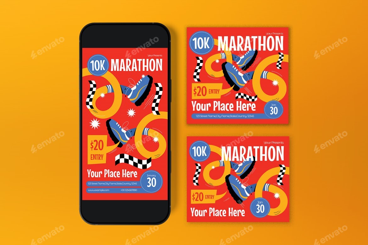 Red Quirky 10K Marathon Flyer Set, Print Templates | GraphicRiver