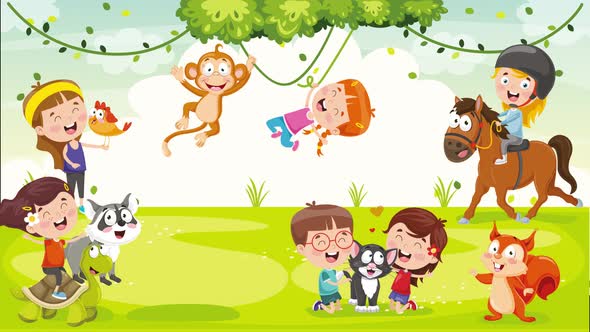 Happy Children Playing With Funny Animals, Motion Graphics | VideoHive