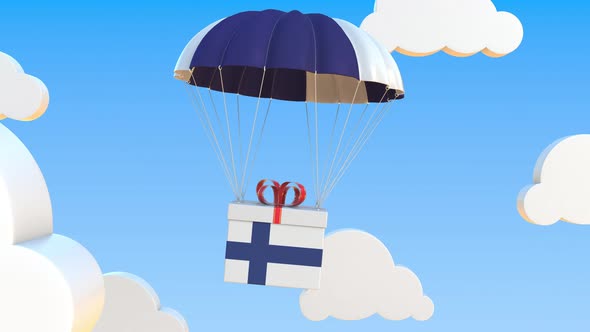 Box with National Flag of Finland Falls with a Parachute, Motion Graphics