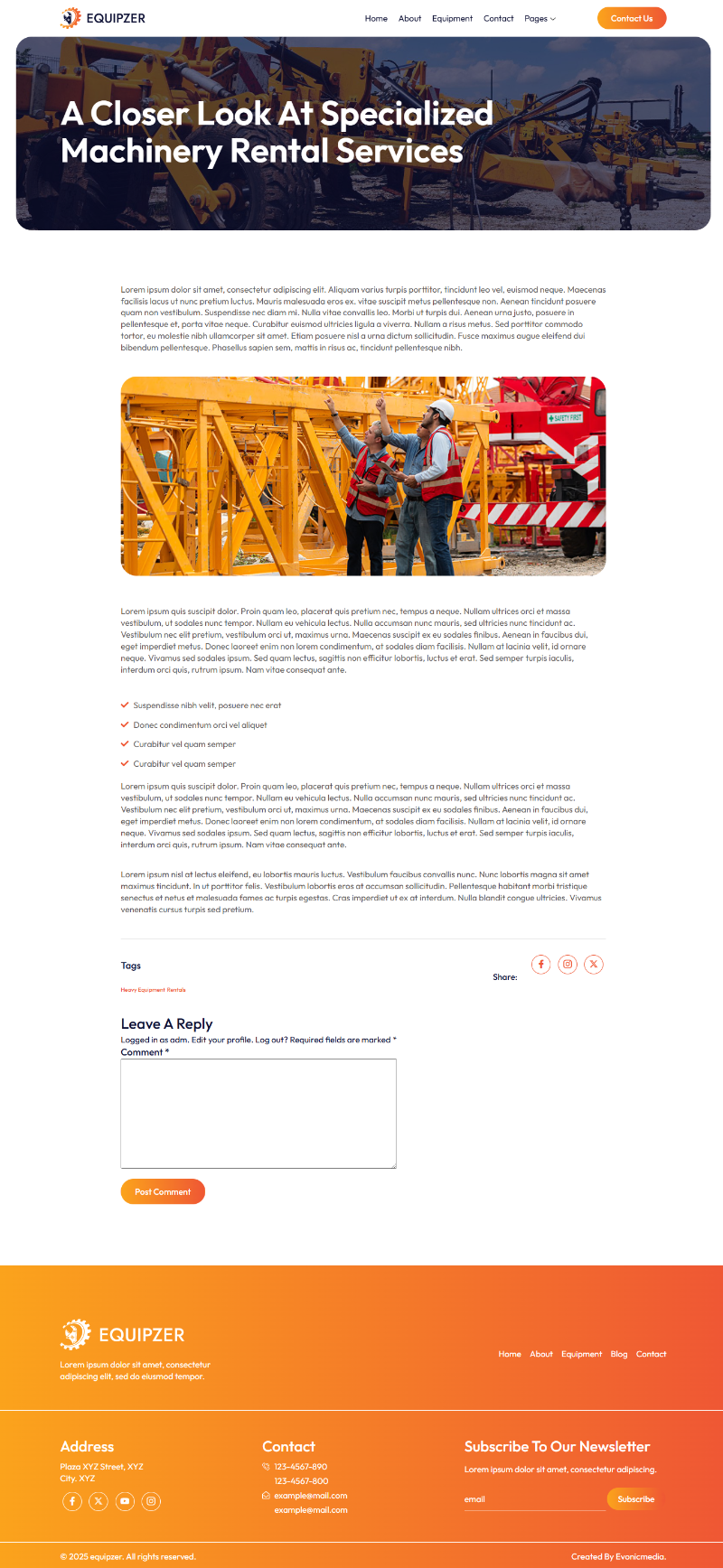 Equipzer - Machinery & Equipment Rentals Elementor Template Kit by ...