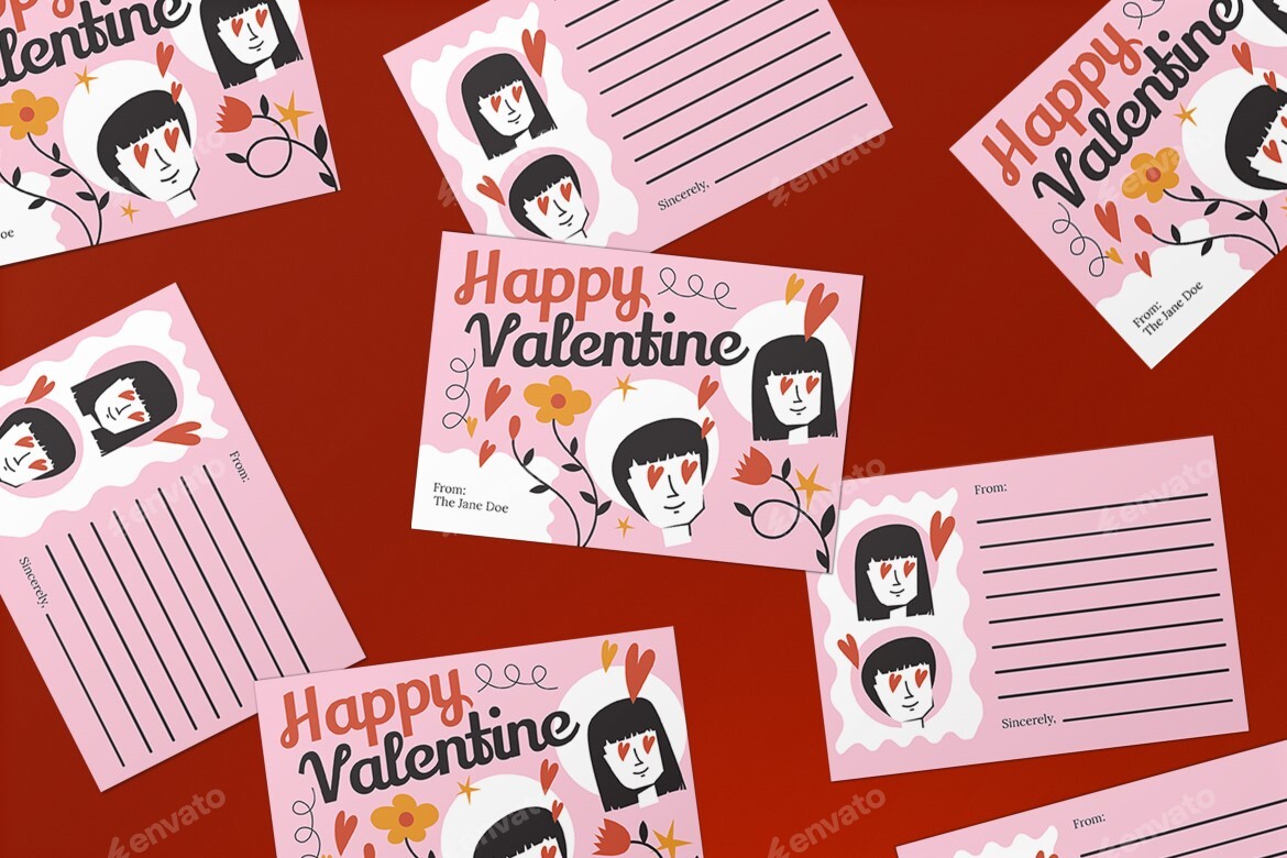 Pink Quirky Valentine Greeting Card Postcard, Print Templates ...