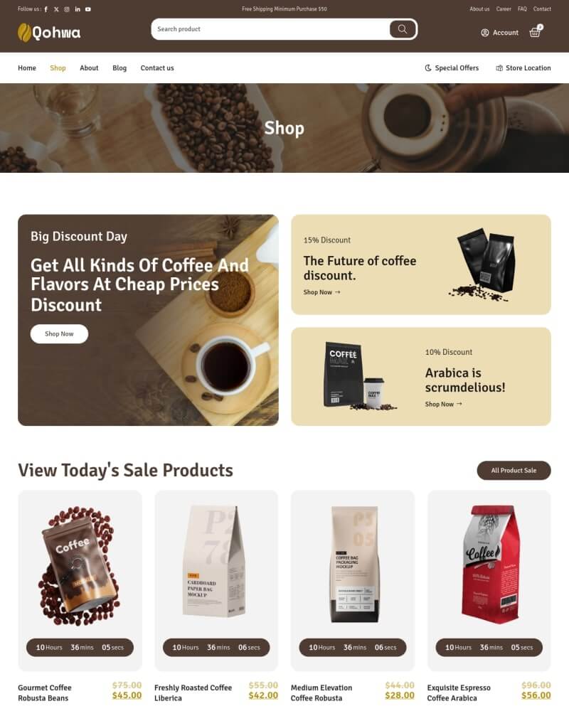 Qohwa - Coffee Shop & Store Ecommerce Elementor Pro Template Kit by rabonadev