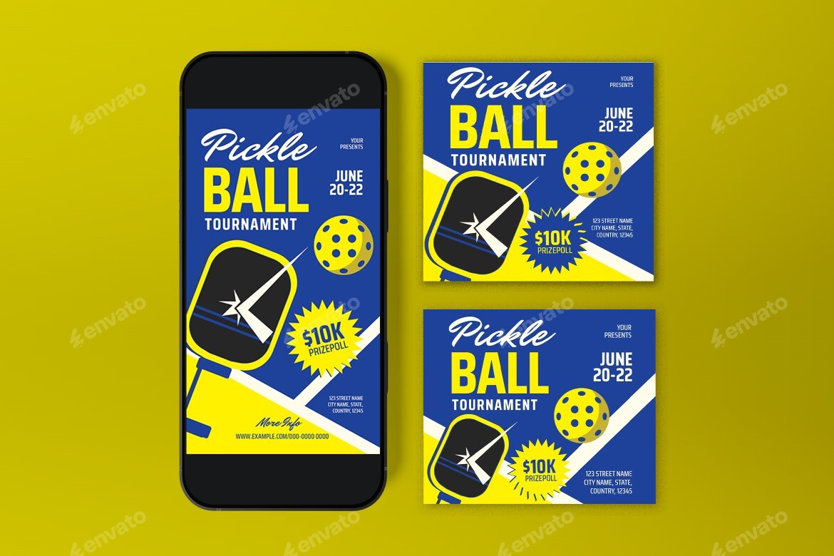 Green Blue Flat Design Pickle Ball Flyer Set, Print Templates ...