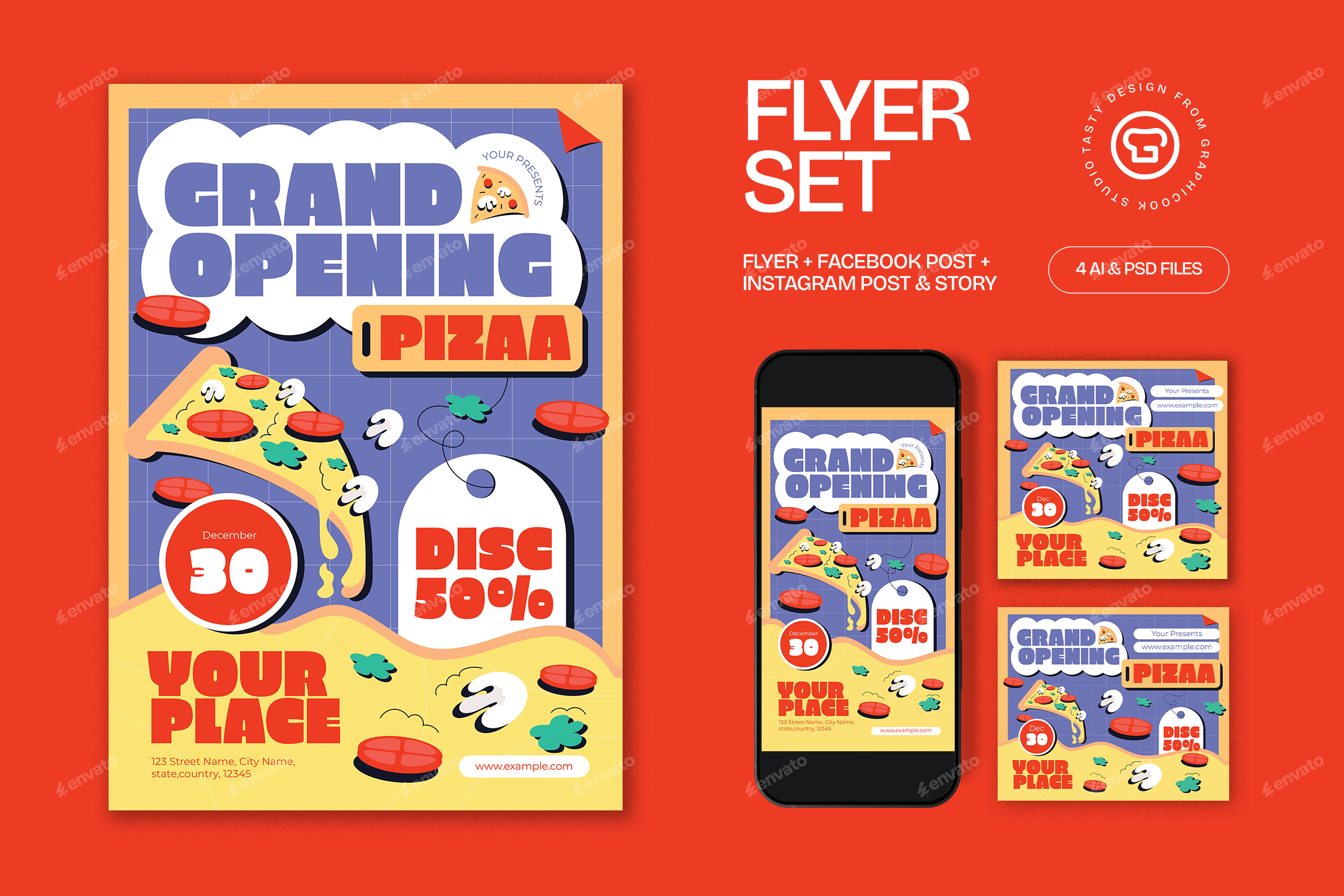 Cream Scrapbooking Grand Opening Pizza Flyer Set, Print Templates ...