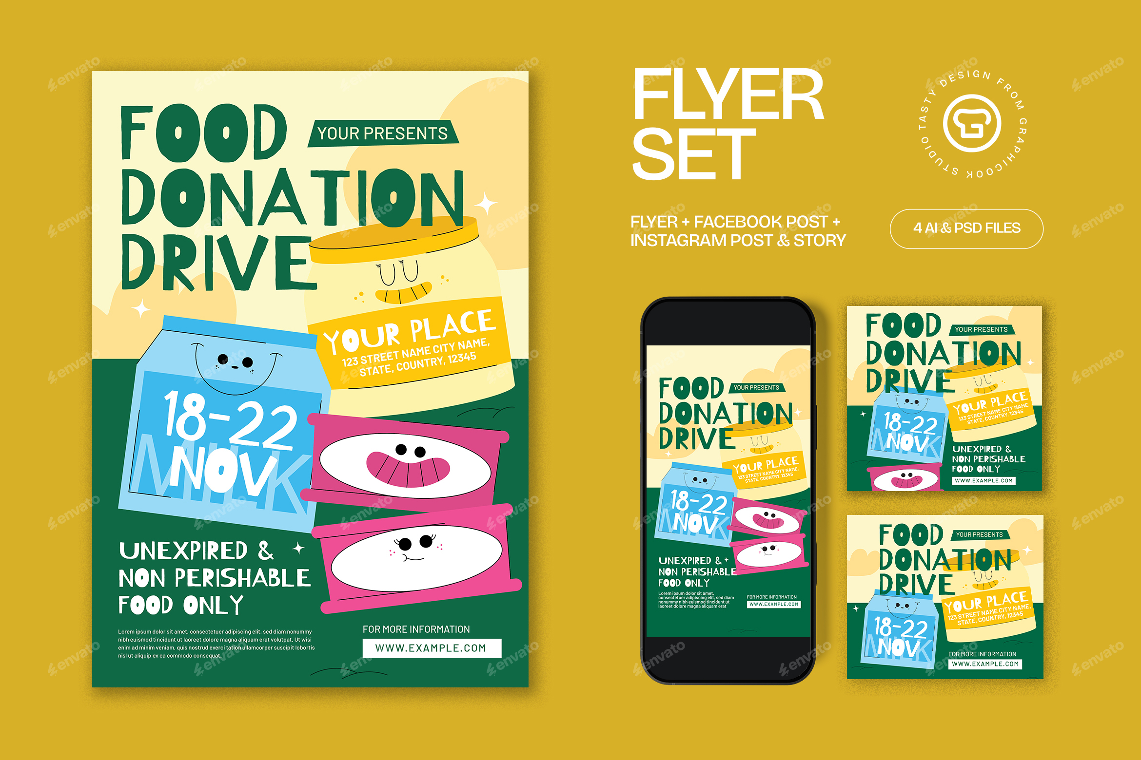 Green and Yellow Quirky Food Donation Flyer Set, Print Templates ...