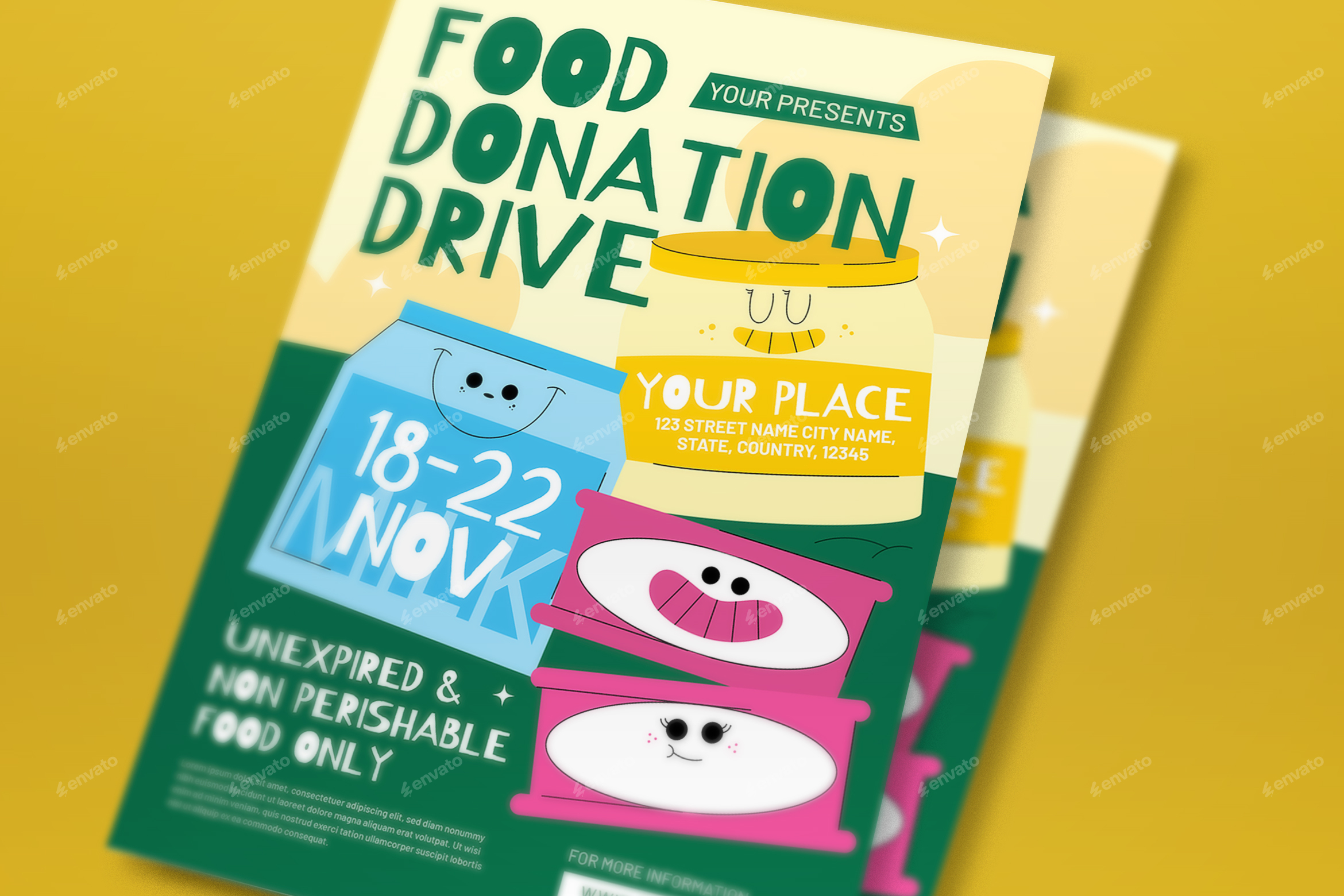 Green and Yellow Quirky Food Donation Flyer Set, Print Templates ...