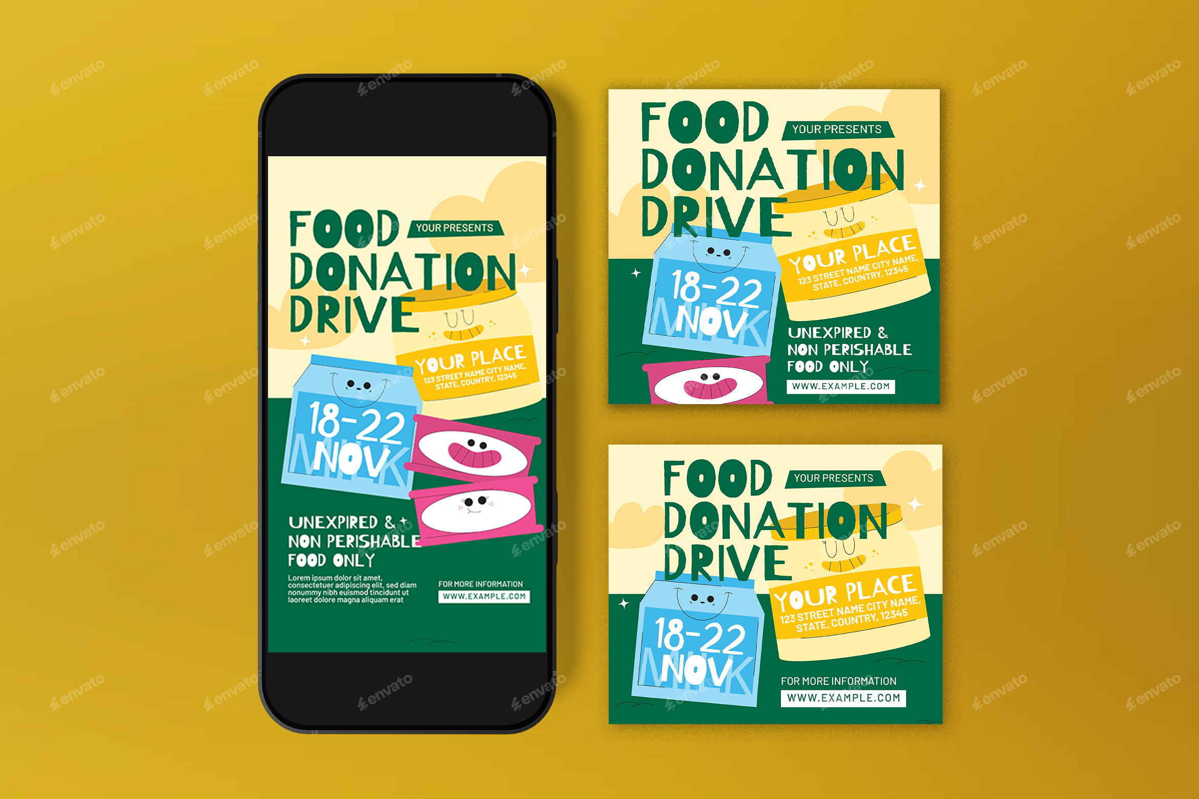 Green and Yellow Quirky Food Donation Flyer Set, Print Templates ...