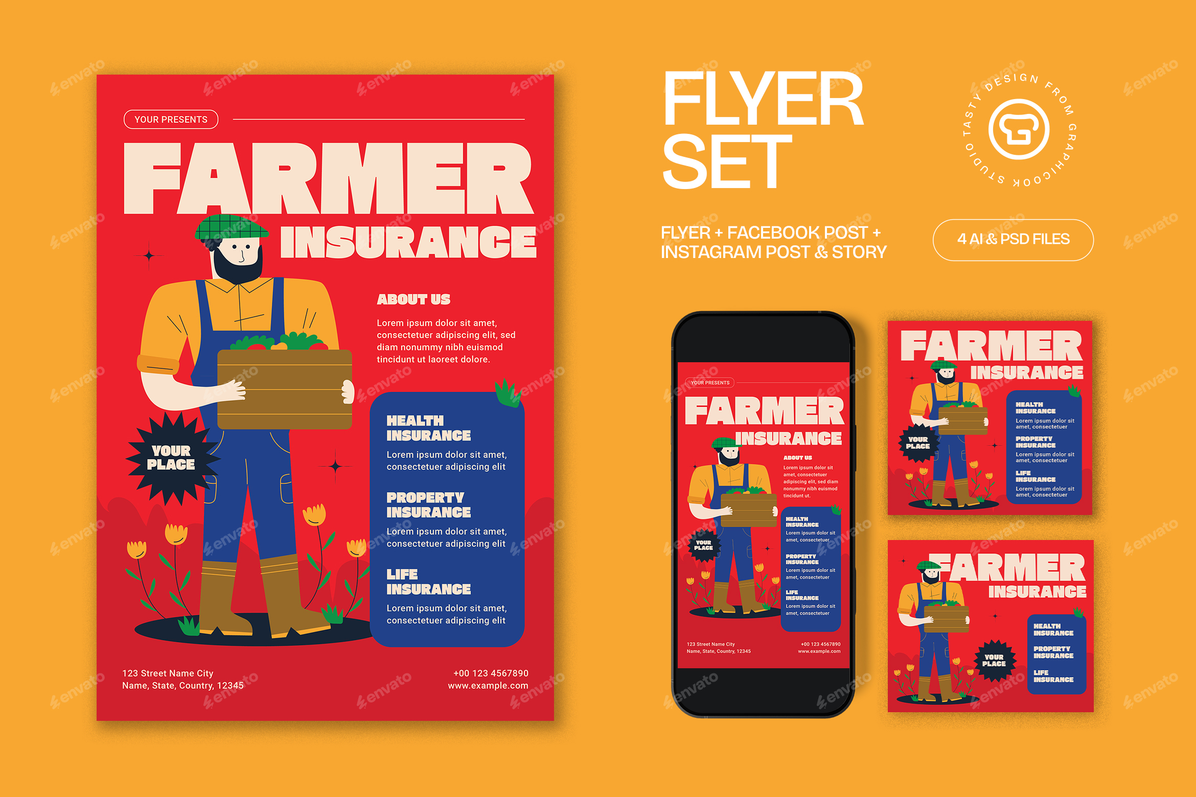 Red Bold Minimalism Farmer Insurance Flyer Set, Print Templates ...