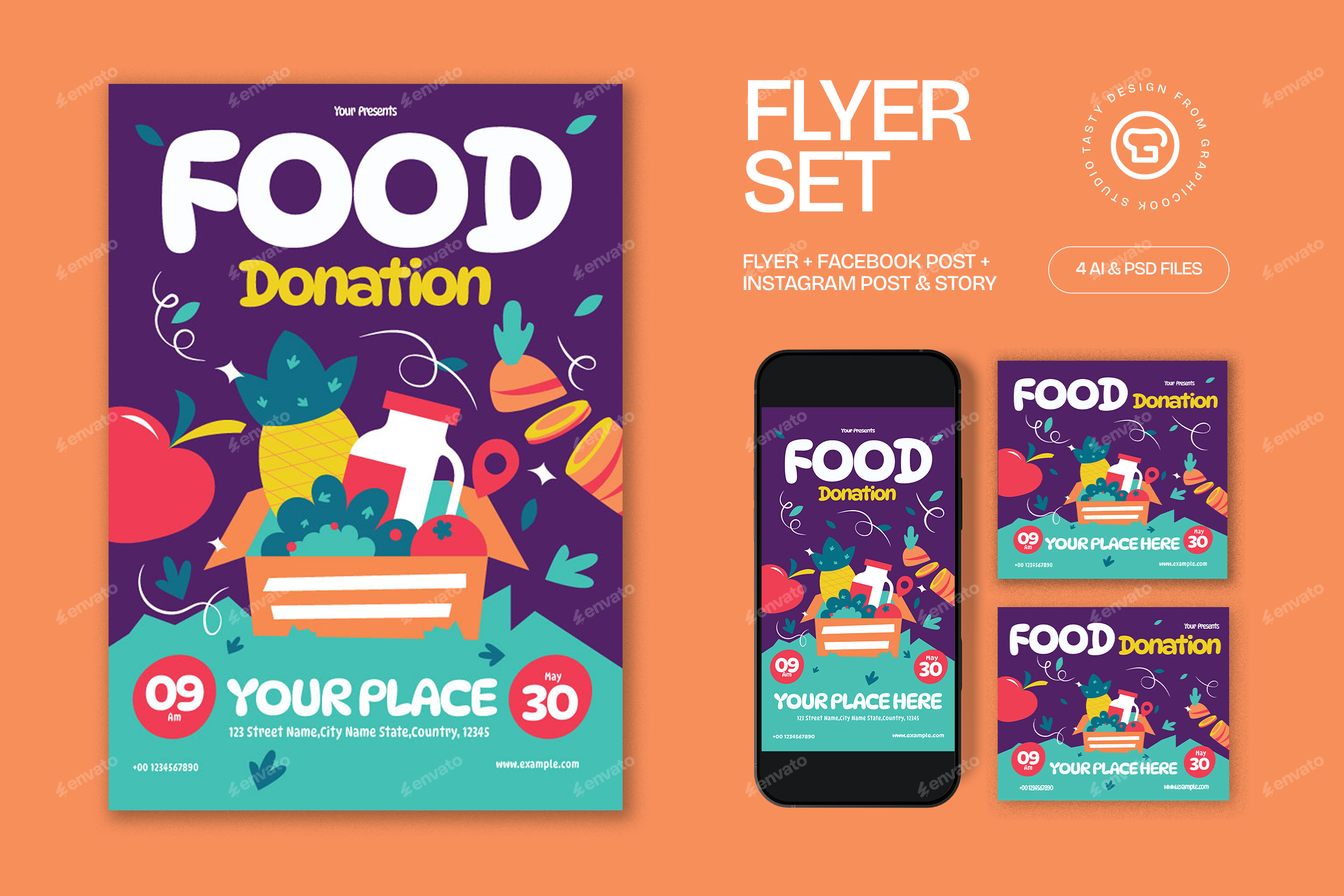 Purple Quirky Food Donation Flyer Set, Print Templates | GraphicRiver