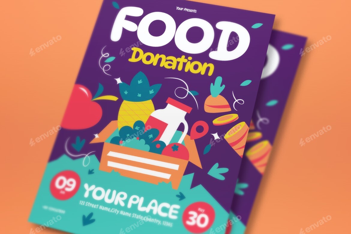 Purple Quirky Food Donation Flyer Set, Print Templates | GraphicRiver