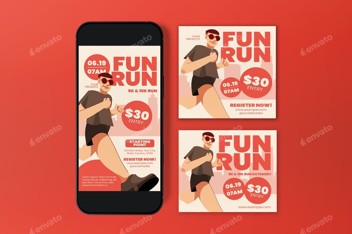 Red Beige Quirky Illustration Fun Run Flyer Set, Print Templates ...