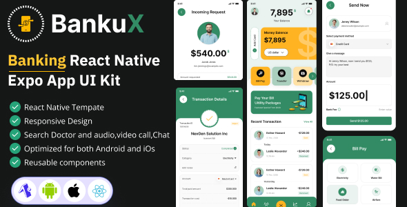 BankuX - Banking React Native Expo App UI Kit by pixelaxis | CodeCanyon