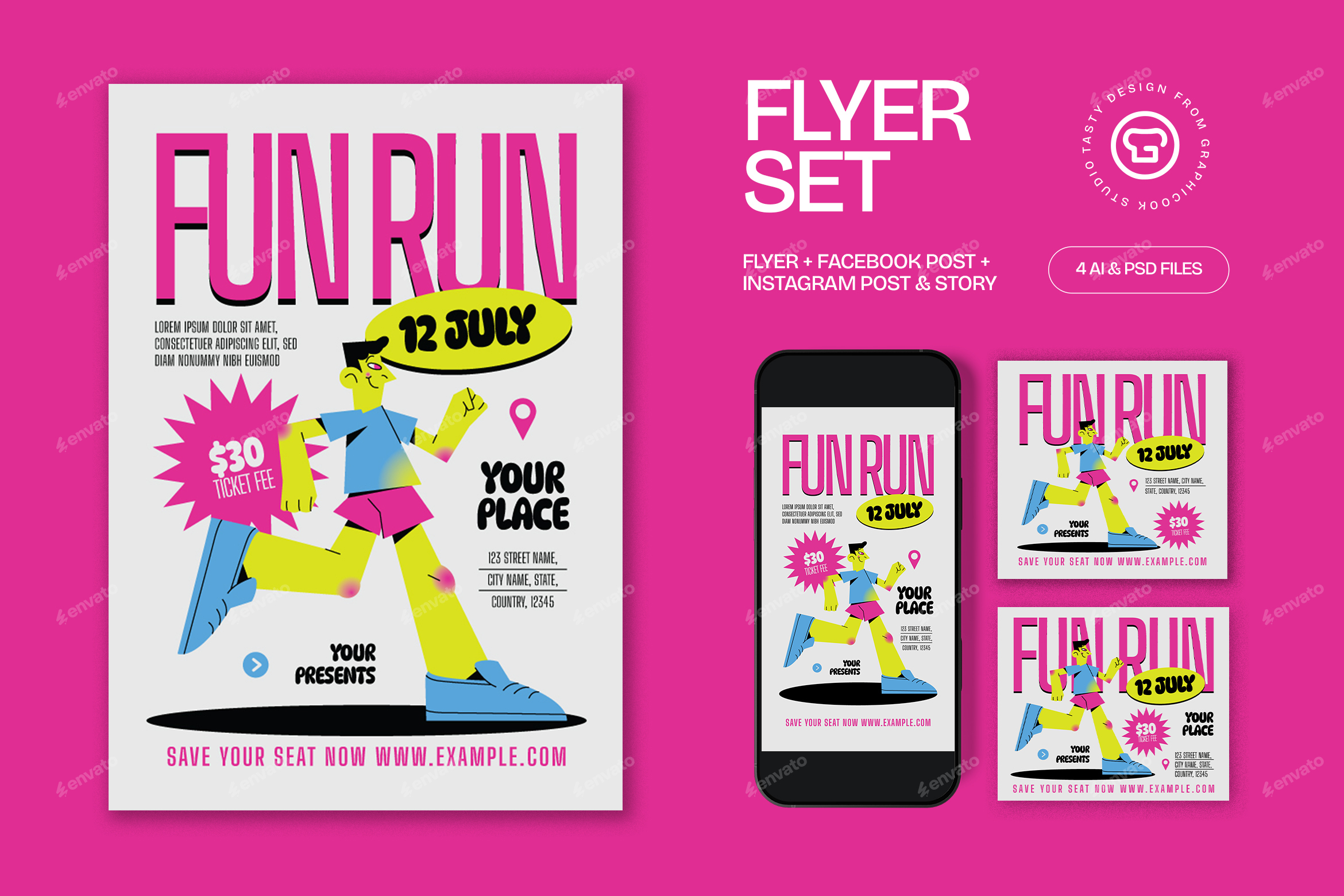 Pink Quirky Illustration Fun Run Flyer Set, Print Templates | GraphicRiver
