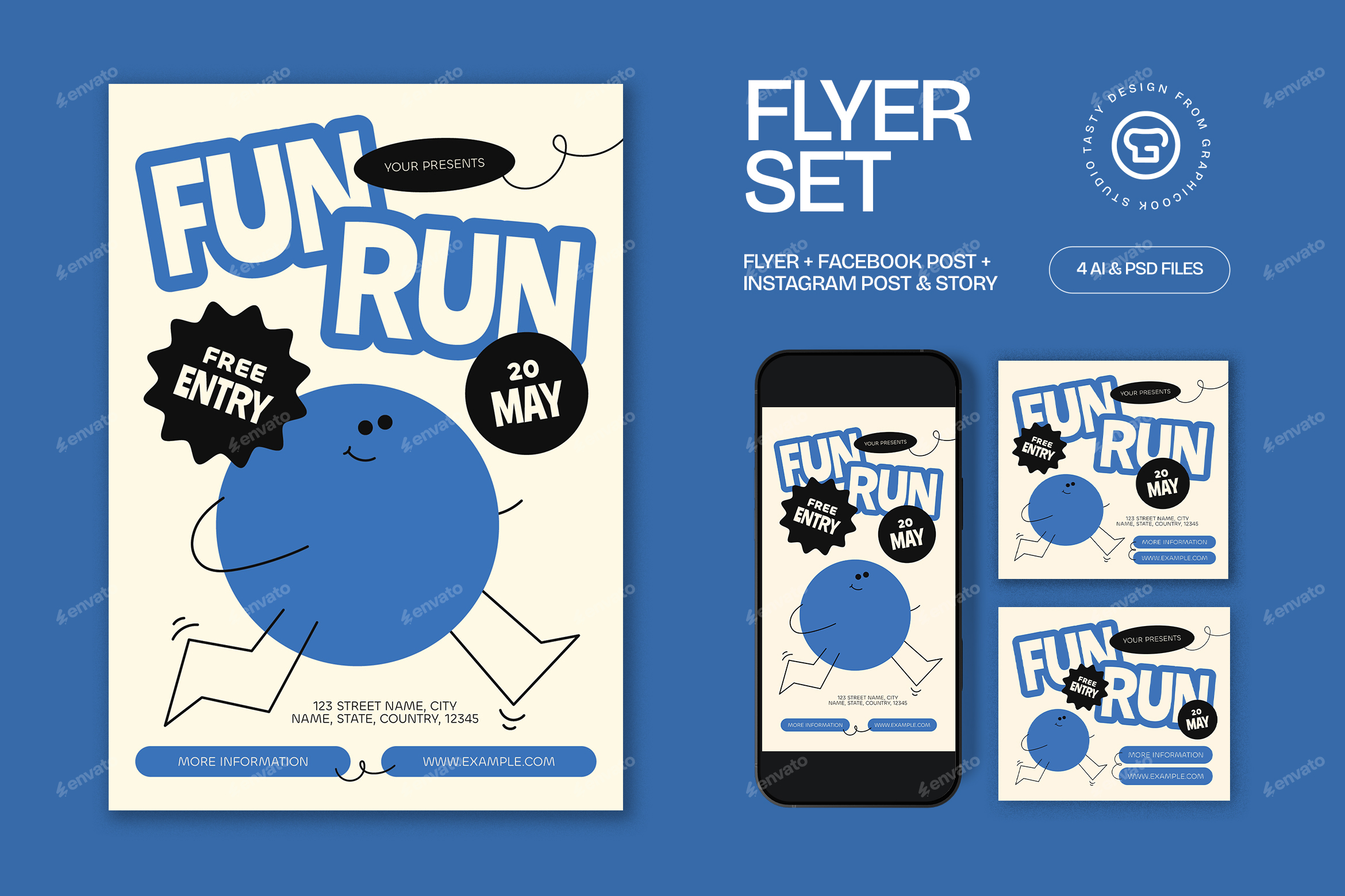Blue Beige Quirky Illustration Fun Run Flyer Set, Print Templates ...