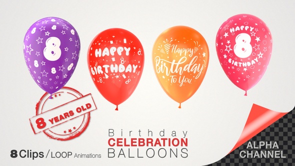 8th Birthday Celebration Balloons / Eight Years Old, Motion Graphics