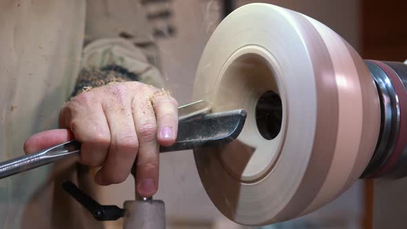 Craftsman Works with Workpiece in Authentic Workshop. Woodworker ...