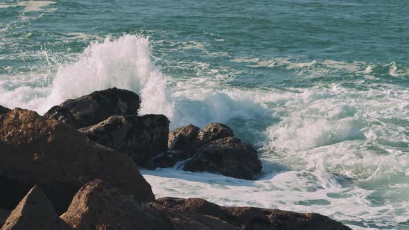 Ocean waves breaking over dangerous rocks in the Atlantic Ocean ...
