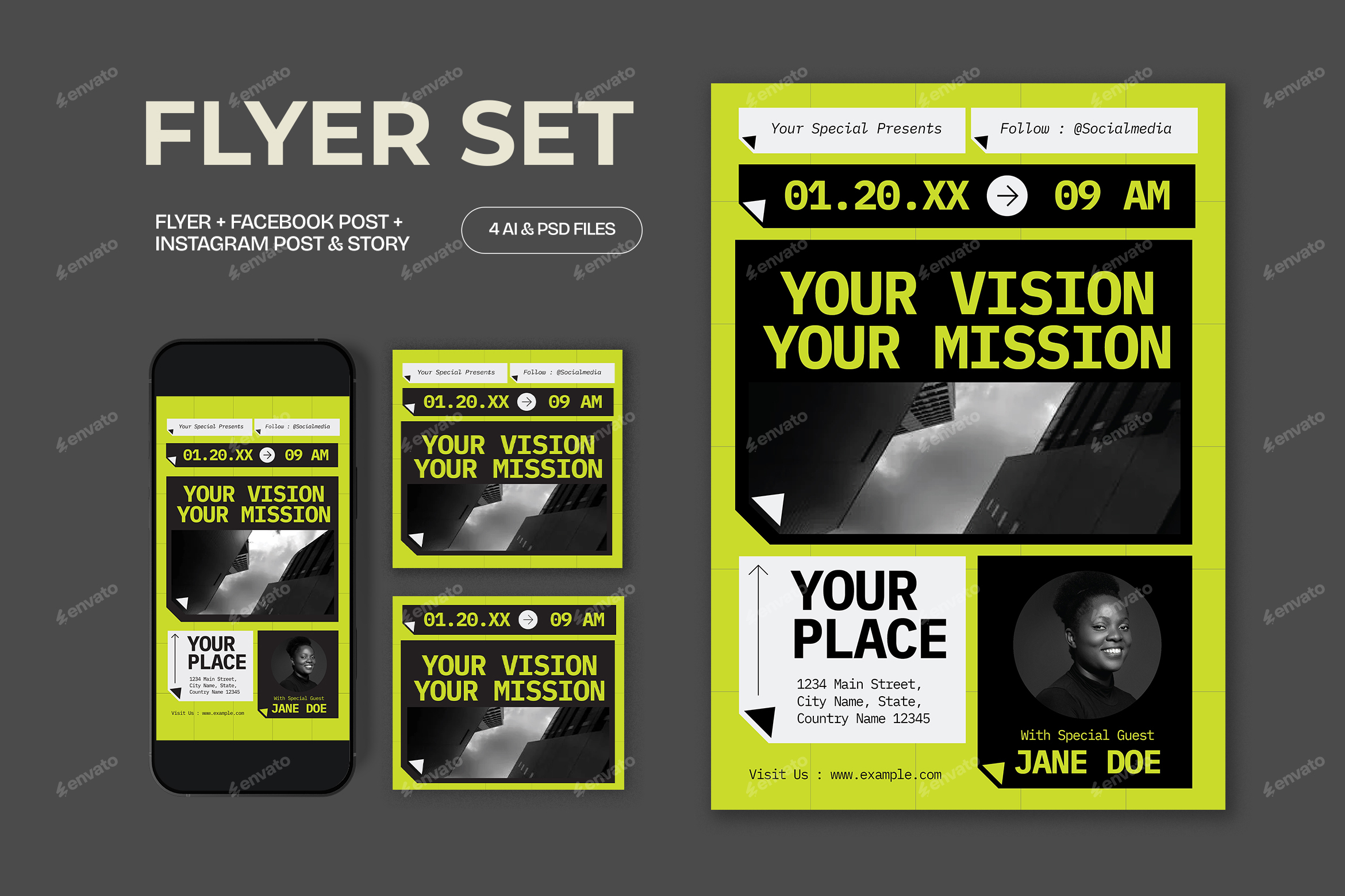 Yellow Black Your Vision Your Mission Flyer Set, Print Templates ...