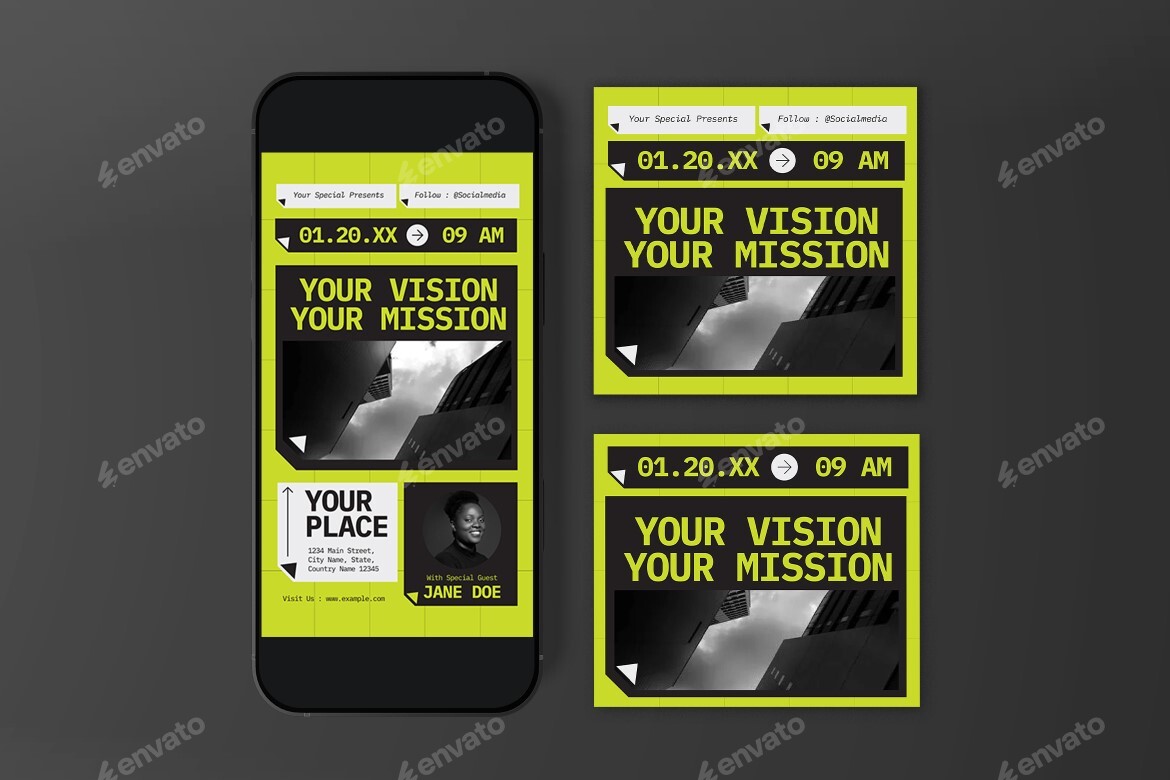Yellow Black Your Vision Your Mission Flyer Set, Print Templates ...