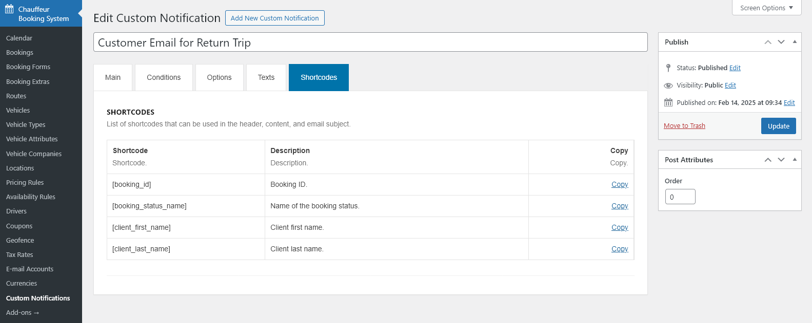 Custom Notifications Add-on: Chauffeur Taxi Booking System by QuanticaLabs