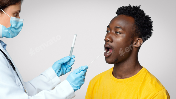 PCR Coronavirus Test. Doctor Taking Swab From Black Male Patient's ...