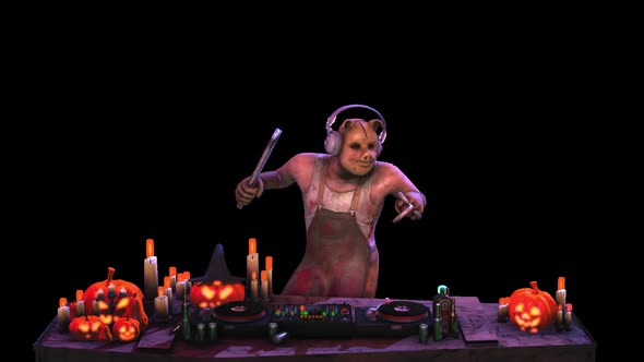 Butcher psycho killer DJ in a graveyard party with alpha channel ...
