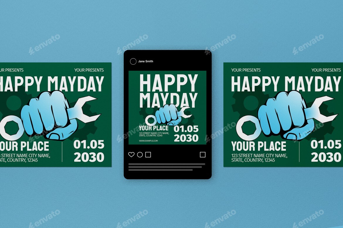 Blue Green Bold Minimalism May Day Flyer Set, Print Templates ...
