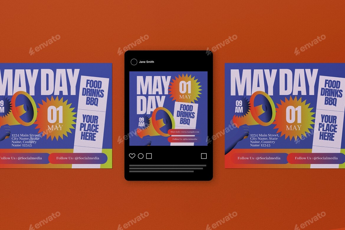 Blue White Bold Minimalist May Day Flyer set, Print Templates ...