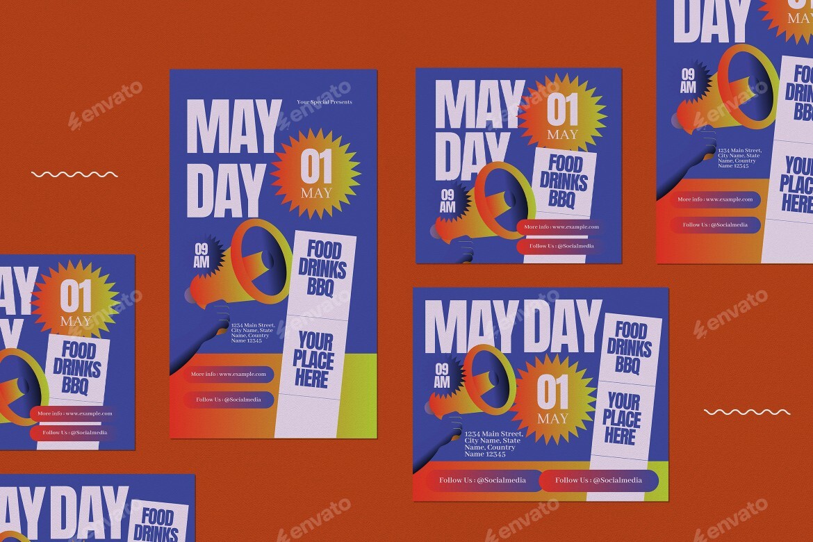 Blue White Bold Minimalist May Day Flyer set, Print Templates ...