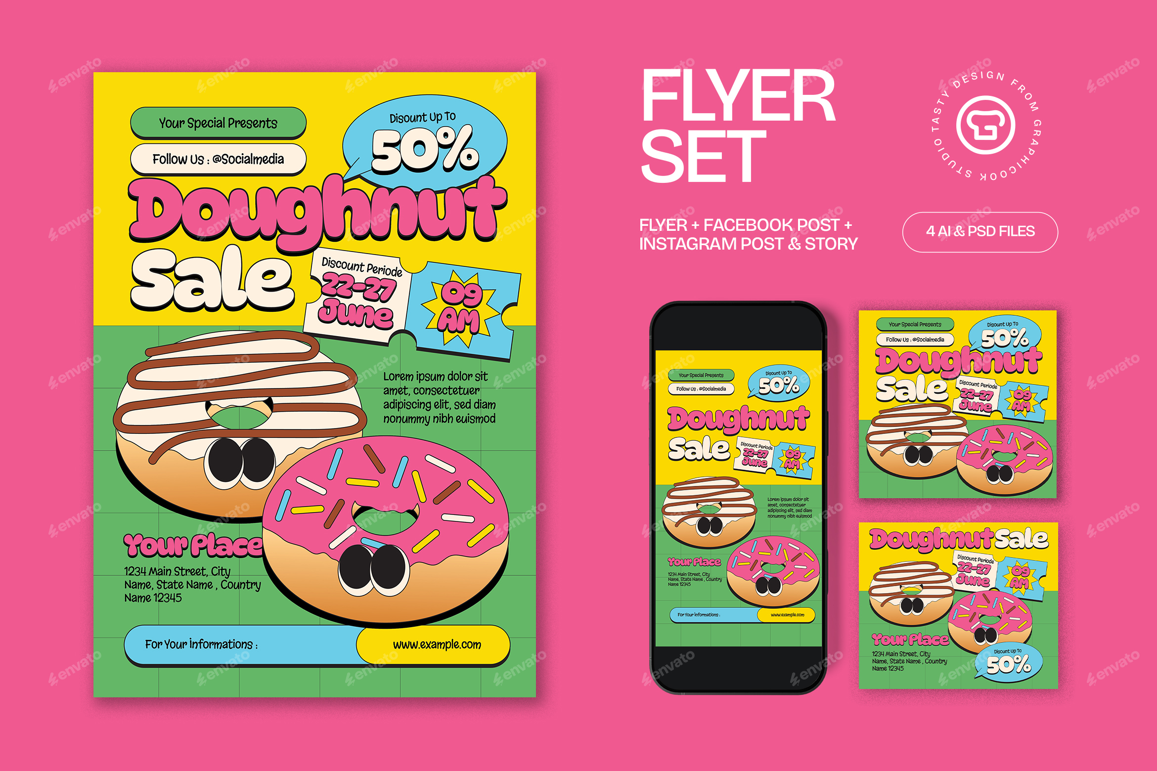 Yellow Green Quirky Doughnut Sale Flyer Set, Print Templates | GraphicRiver