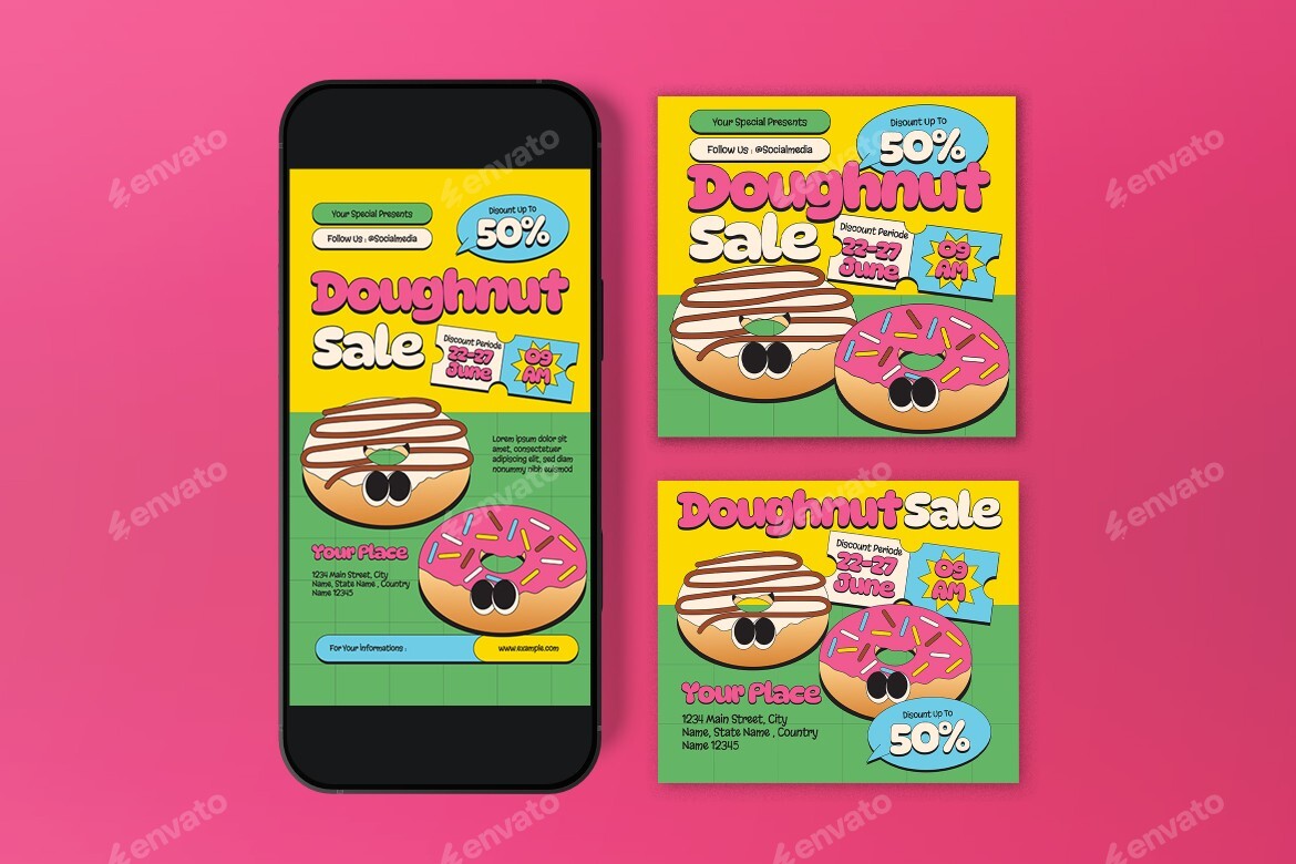 Yellow Green Quirky Doughnut Sale Flyer Set, Print Templates | GraphicRiver