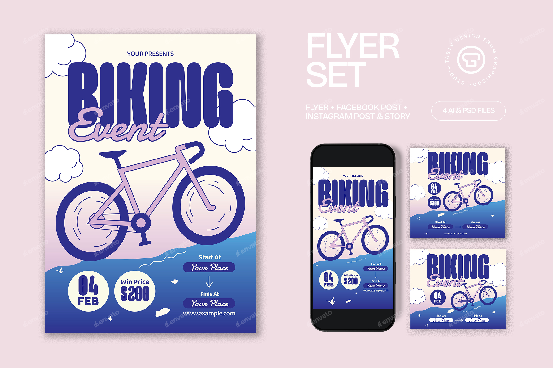 Purple Pink Quirky Biking Event Flyer Set, Print Templates | GraphicRiver