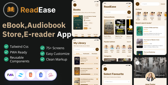 ReadEase - Ebook Store & Reader App UI Kit (Tailwind CSS + PWA) by pixelaxis