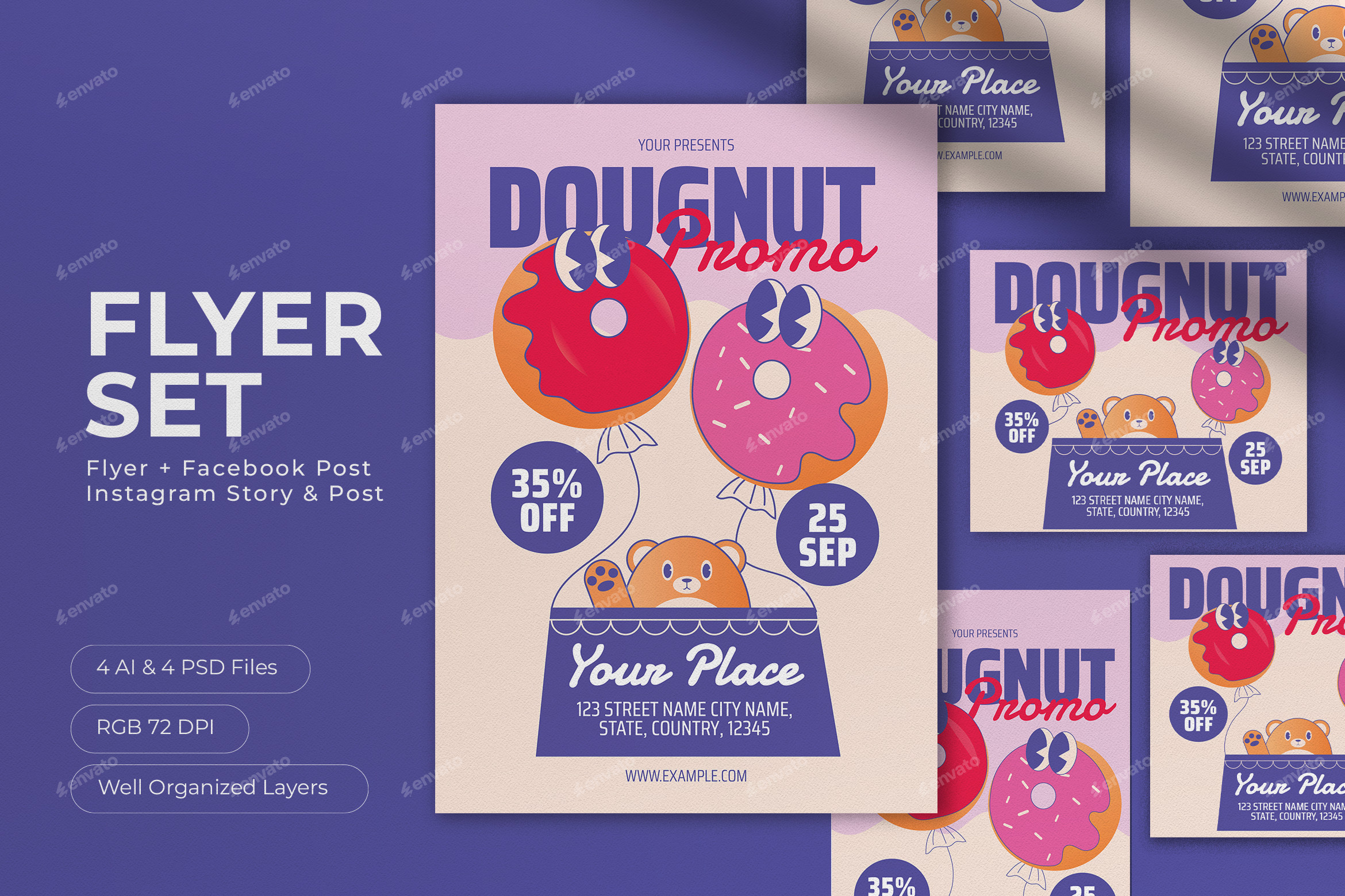Purple Pink Quirky Doughnut Promo Flyer Set, Print Templates | GraphicRiver