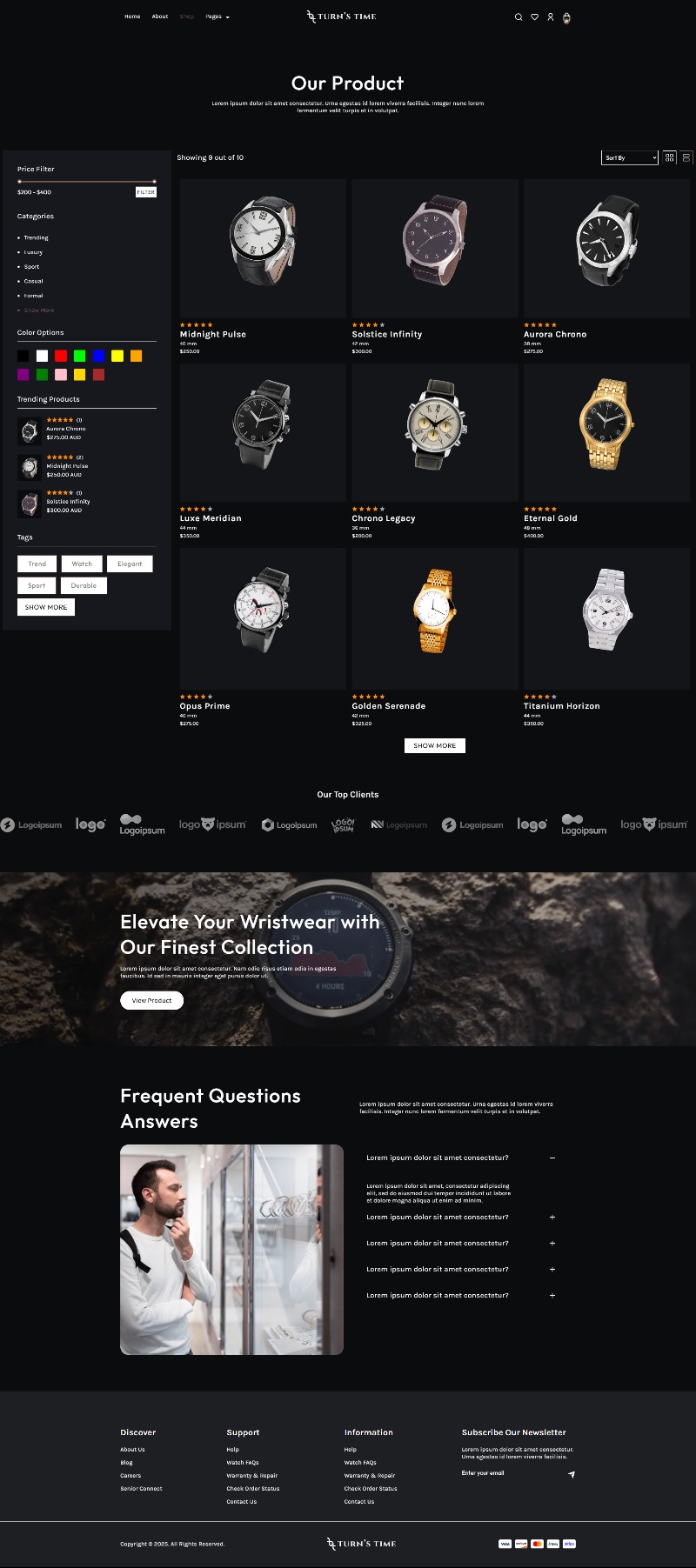 Turnstime - Modern Hand Watch Shop eCommerce Tailwind React JS Template by Evonicmedia