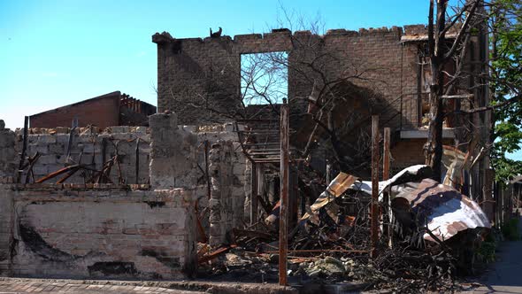 Wide Shot Ruins of Bombed House in Sunshine Outdoors, Stock Footage