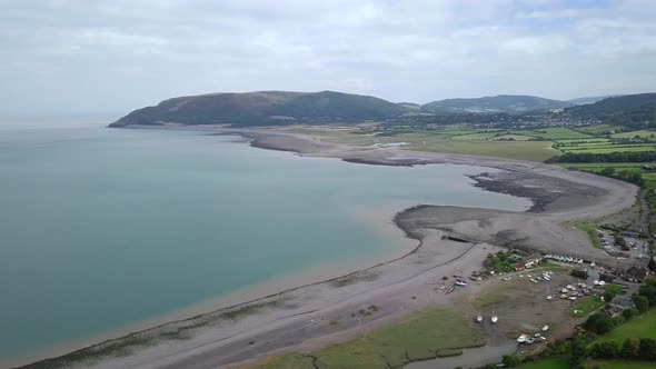 Wideshot aerial of the valley around Porlock, Somerset. The village of ...