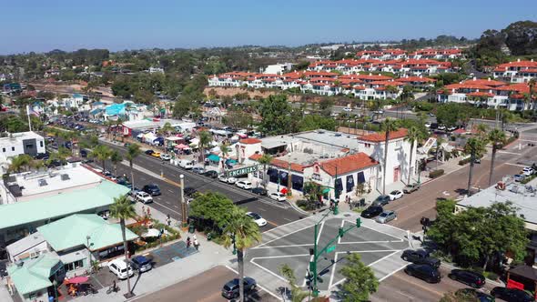 The coastal city of Encinitas in California. Aerial view of a busy road ...