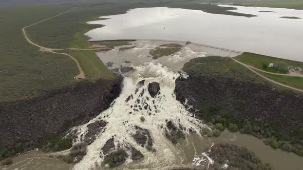 Aerial view of huge overflow waterfall at Magic Reservoir, Stock Footage