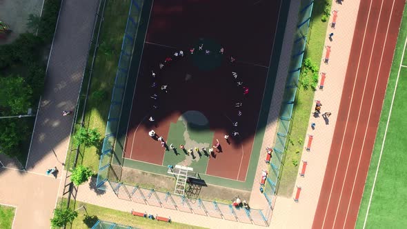 School Children Training Gym Class Outdoor. Aerial View Physical ...
