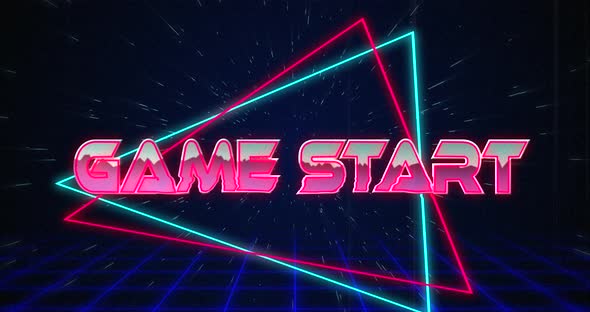 Retro Game Start text glitching over blue and red triangles on white ...