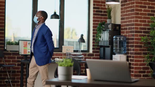 Male Employee Pacing Around Business Office During Covid 19 Pandemic ...