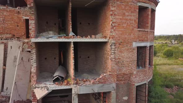 Aerial view of an old ruined building after earthquake, A collapsed ...