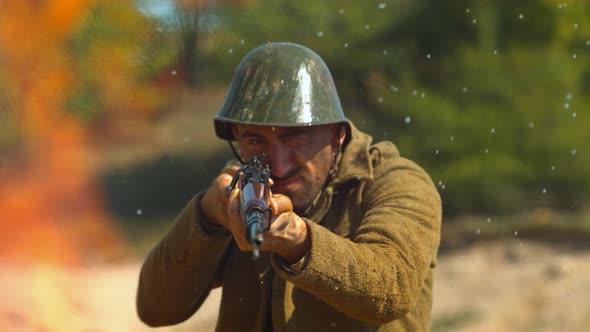 WW2 soldier pointing a gun, Ultra Slow Motion, Stock Footage | VideoHive