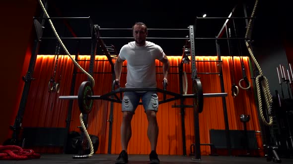 Powerlifter Is Lifting Rod with Weights in Gym, Strongman and ...
