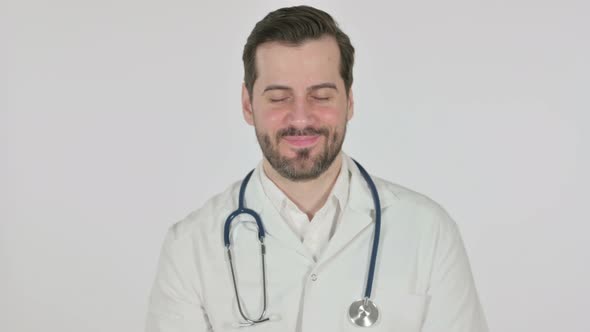 Portrait of Doctor Shaking Head As Yes Sign White Screen, Stock Footage