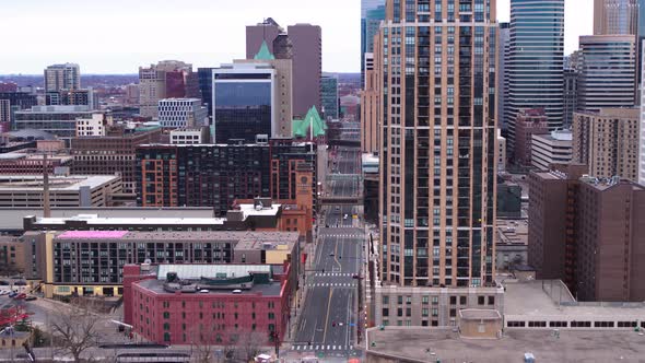 Aerial, empty streets in downtown Minneapolis, Minnesota during COVID ...